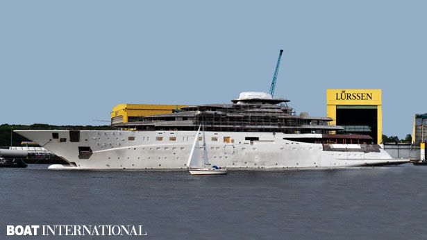 First view of superyacht Topaz at Lürssen